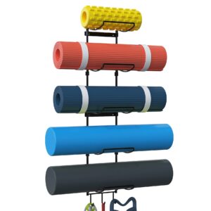 yoga mat holder wall mount, wall rack organizer, storage foam roller and block, with 5 sectional and 3 hooks for hanging yoga strap, resistance bands at fitness class or home gym, decor(black)