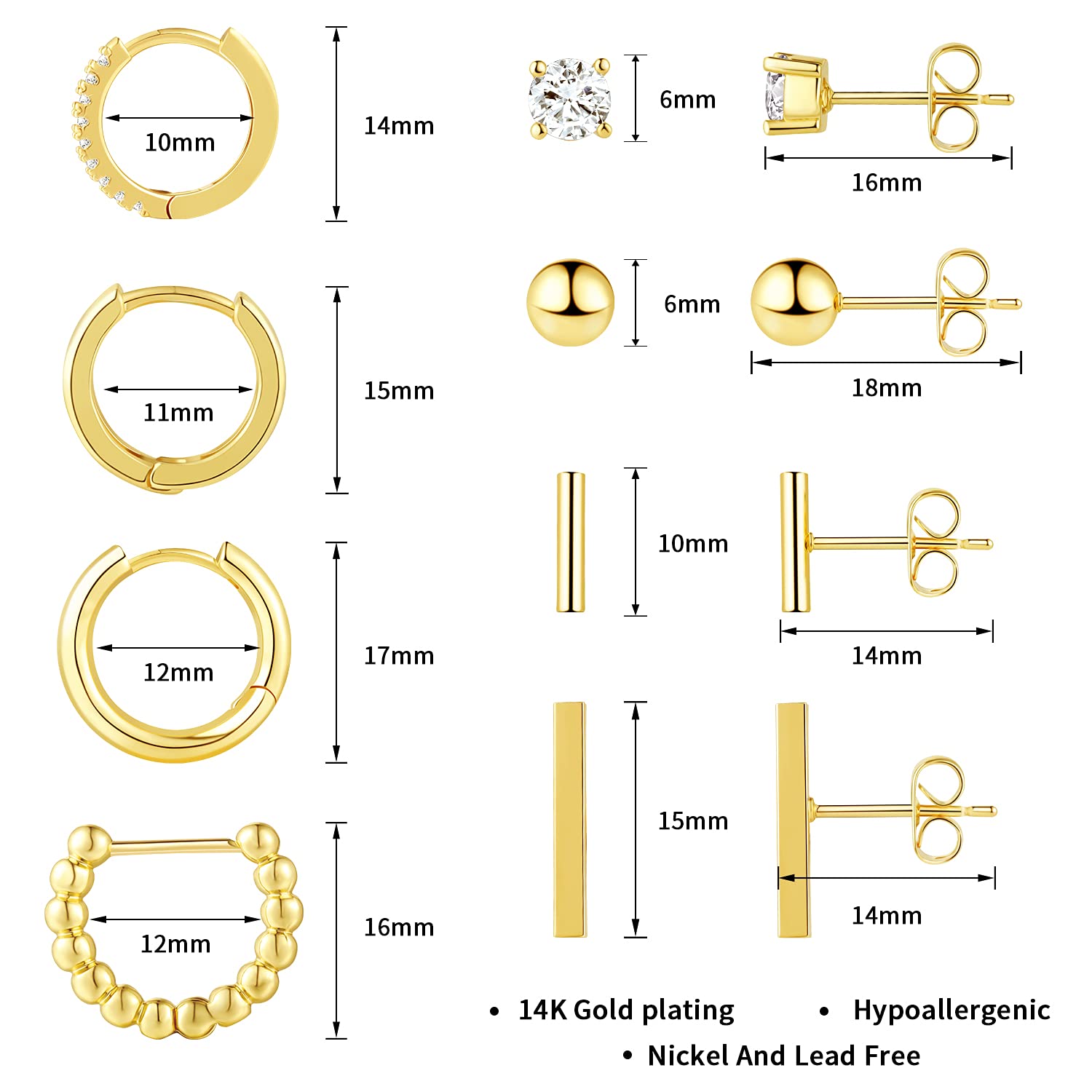 Dreamfox 8 Pairs Huggie Hoop Earrings Small Hypoallergenic 14K Gold Plated Huggie Earrings For Women Simple Huggie Stud Earrings Set Christmas Gift (one size, Gold-3)