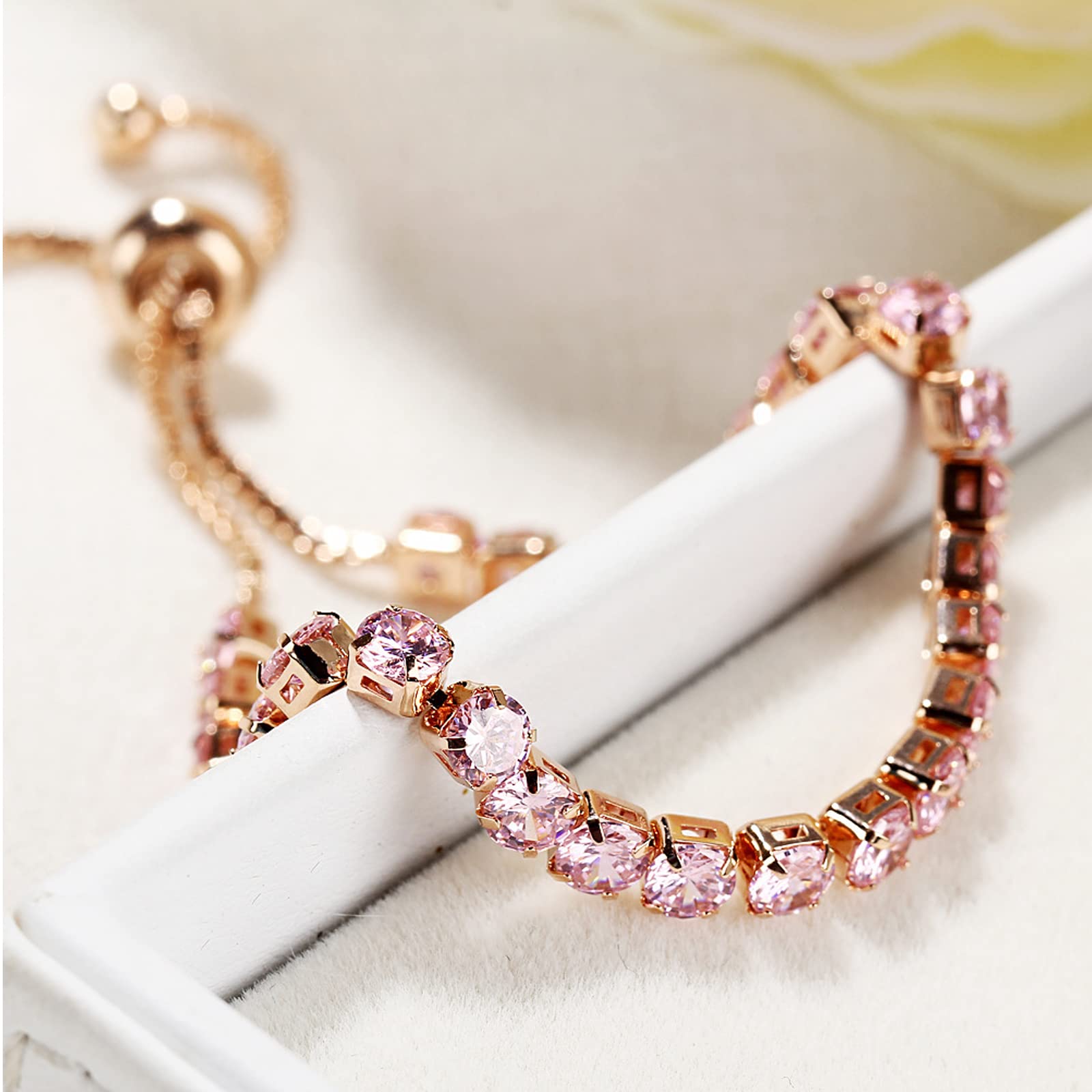 14K Gold Plated Tennis Bracelets Colorful Sparkling Cuban Zirconia Adjustable Ice Out Link Chain Slider Bangle Jewelry Dainty Bracelet for Women-pink