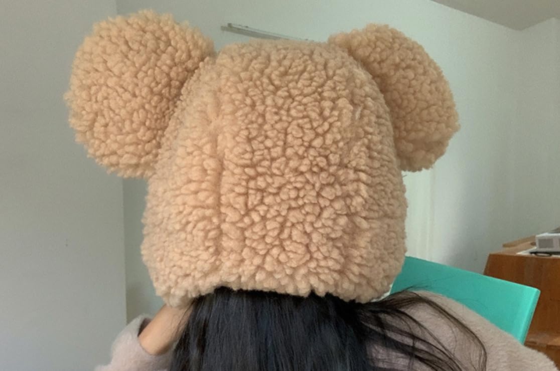 Cute Plush Faux Fur Animal Critter Hat Cap with Ear Flaps Fuzzy Bear Hat Soft Warm Winter Hat Beanie for Adults Women Girls Khaki