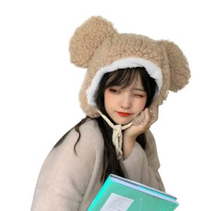 cute plush faux fur animal critter hat cap with ear flaps fuzzy bear hat soft warm winter hat beanie for adults women girls khaki