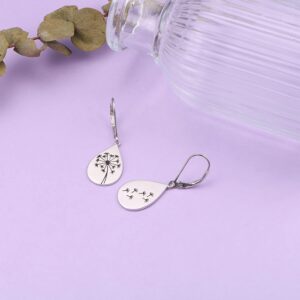 Dandelion Drop Earrings for Women 925 Sterling Silver Teen Water Drop Silver Flower Leverback Dangle Earrings Jewelry for Mom Lover