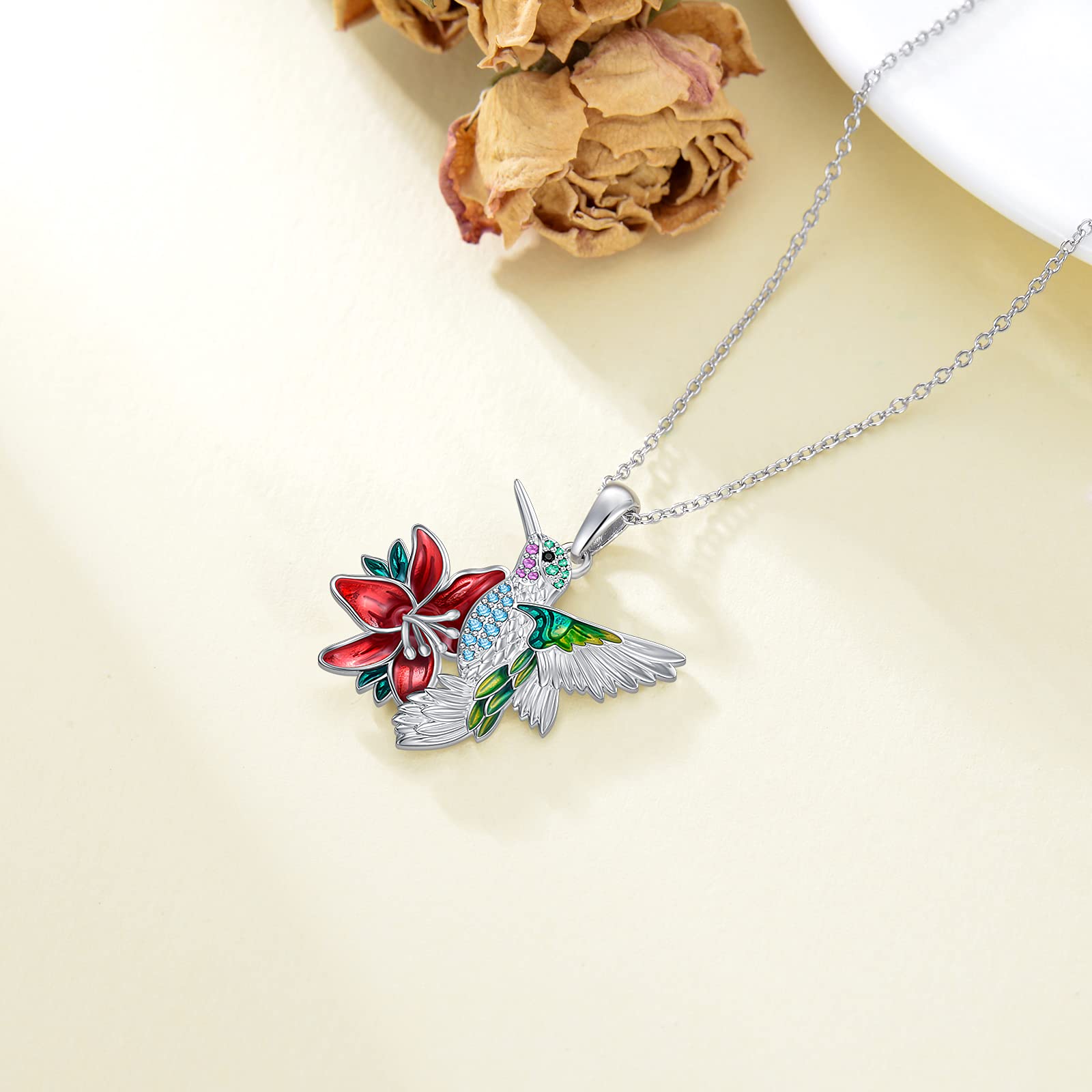 PEIMKO Hummingbird Necklace Enamel Hummingbird Pendant Necklace Sterling Silver Cute Aniamal Bird Necklace with Flower Bird Pendant for Women