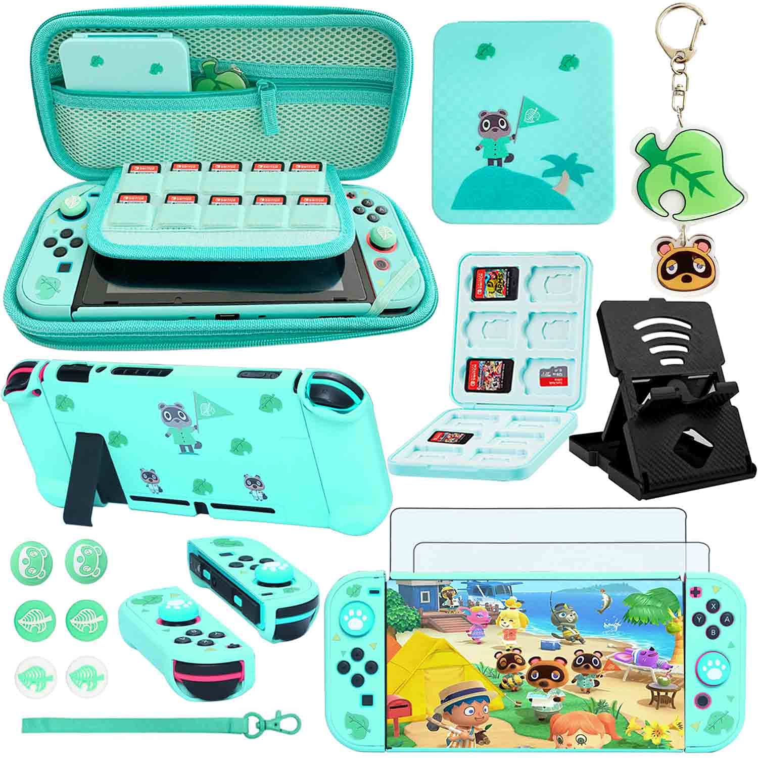 Accessories Bundle for Nintendo Switch Animal Crossing - YOOWA Accessory kit NS Animal Crossing Set with Carrying Case Protective Cover Screen Protector Game Card Holder Play Stand Thumb Grips