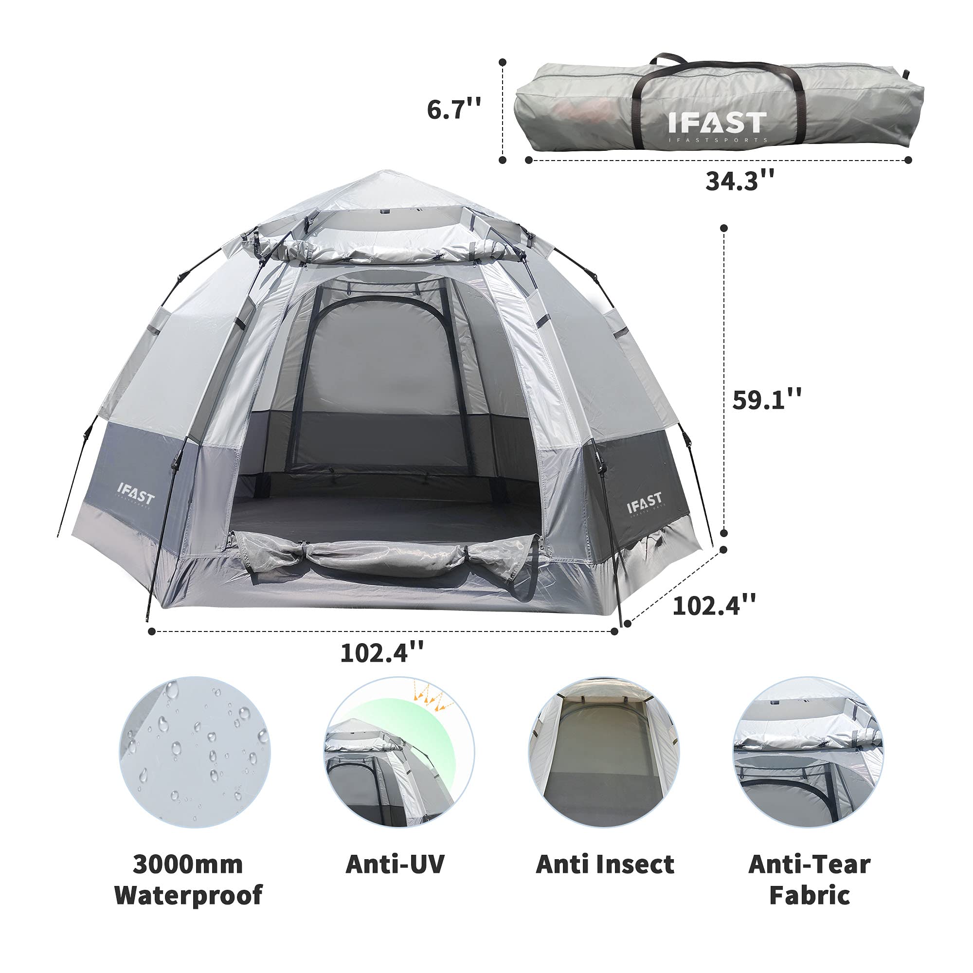 3 Person Outdoor Pop Up Camping Tent with Rainfly Durable Waterproof Windproof Portable Camping Shelter Easy Set Up Family Automatic Instant Tent with Carrying Bag for Hiking Climbing Travel