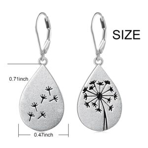 Dandelion Drop Earrings for Women 925 Sterling Silver Teen Water Drop Silver Flower Leverback Dangle Earrings Jewelry for Mom Lover