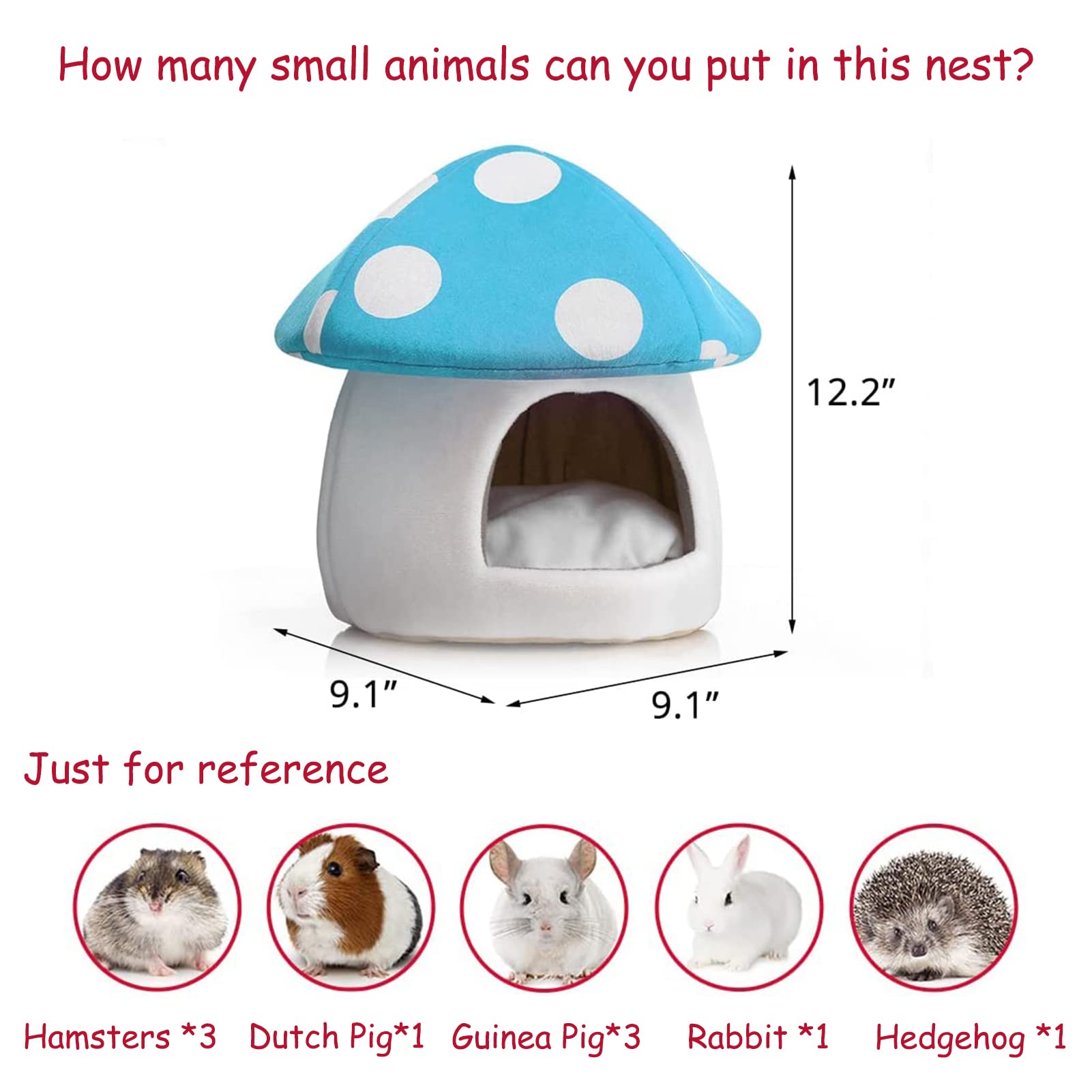 Hollypet Warm Small Pet Animals Bed Dutch Pig Hamster Nest Hedgehog Rat Chinchilla Guinea Habitat Mini House, Blue Mushroom