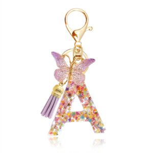 okaicen fashion snowflakes alphabet initial letter keychain purple tassel butterfly pendant key ring for purse handbags women girl ('a')