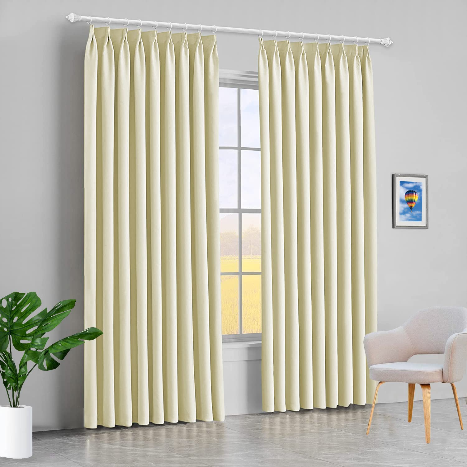 White House Linen Double Pinch Pleates Solid Polyster Blended Blackout Curtain Panel & Drapes- Ivory Solid 2 Panel- 21 W x 95 L Inch