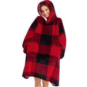 blanket hoodie women & men,premium sherpa fleece oversized hoodie blanket with giant pocket for women,super cozy and big wearable blanket hoodie gift red plaid