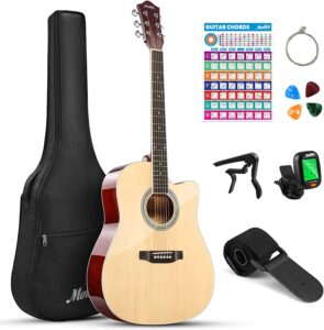 moukey 41" acoustic guitar for beginners adults 4/4 guitarra acustica with chord poster, gig bag, tuner,steel strings, capo, strap, natural