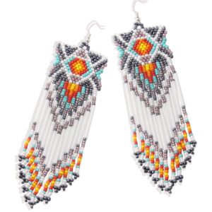 long beaded tassel earrings – big aztec fringe bead drop dangle earrings, bohemian seed tube bead tribal earrings statement, pendientes de borla, idea for women, sister, lover, outfit, daily wearing (colorful aztec earrings)