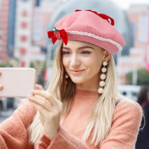 Berets Strawberry Bow Woolen Beret Hat Wool Cap Pink Handmade Fashion Warm Hat