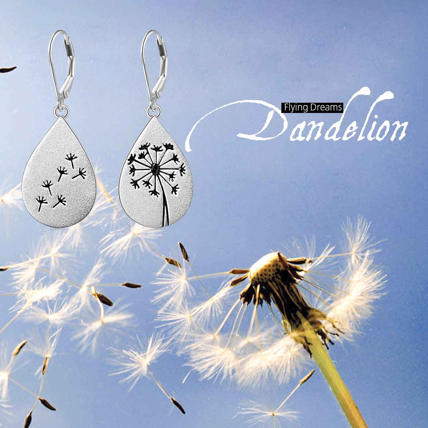 Dandelion Drop Earrings for Women 925 Sterling Silver Teen Water Drop Silver Flower Leverback Dangle Earrings Jewelry for Mom Lover