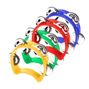 savita 4 pcs percussion tambourine plastic mini half moon adults tambourine jingle bell musical toys musical rhythm instruments for boys girls kindergarten party family gatherings (multi-colors)