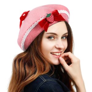 Berets Strawberry Bow Woolen Beret Hat Wool Cap Pink Handmade Fashion Warm Hat