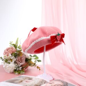 Berets Strawberry Bow Woolen Beret Hat Wool Cap Pink Handmade Fashion Warm Hat