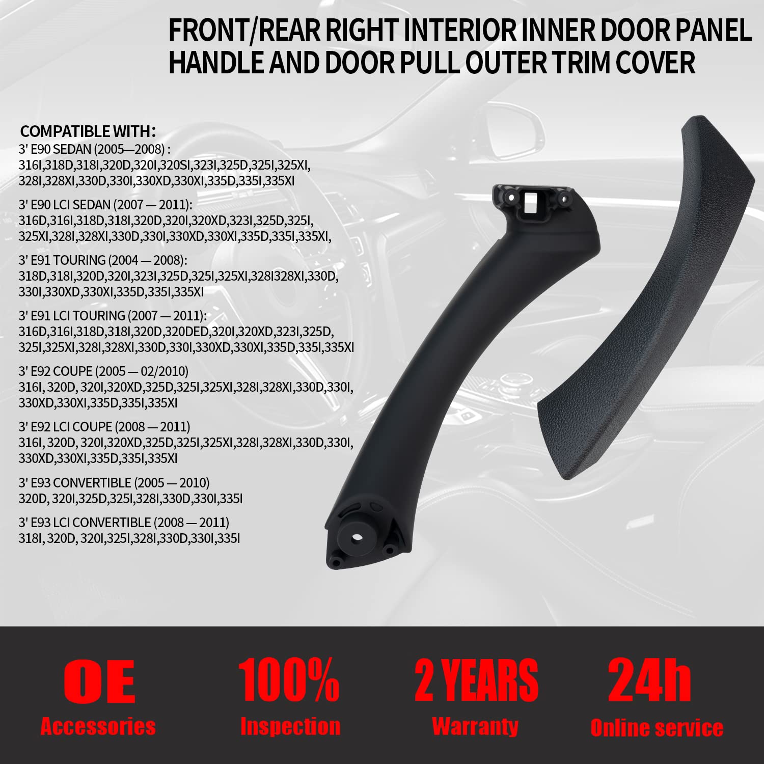 Black Front/Rear Right Interior Inner Door Panel Handle and Door Pull Outer Trim Cover Replacement for 2004-2011 BMW 3 Series 318 320 325 330 335 E90/E91 Replaces 51417230850 51419150336