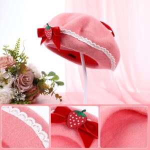 Berets Strawberry Bow Woolen Beret Hat Wool Cap Pink Handmade Fashion Warm Hat