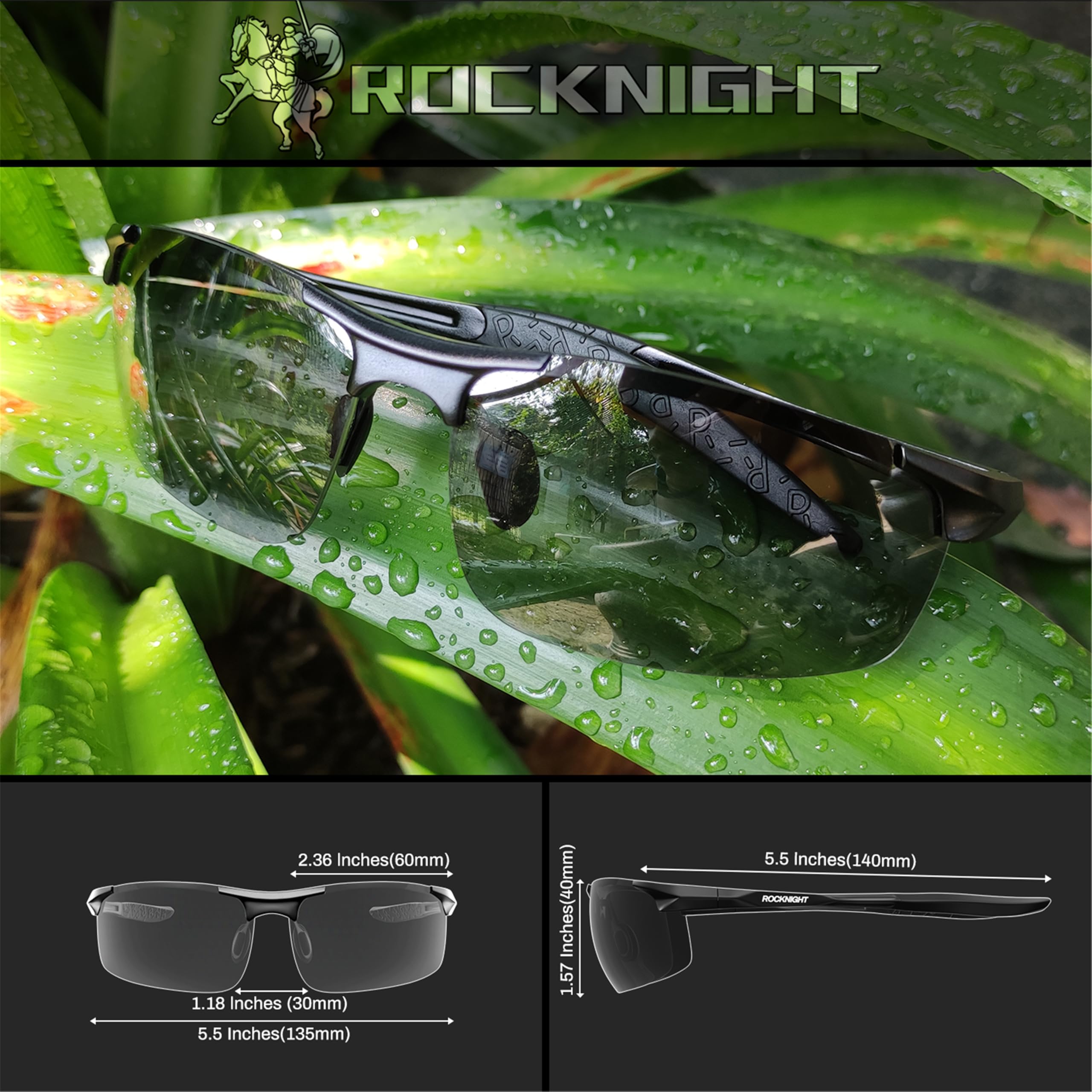 ROCKNIGHT HD Polarized Sport Photochromic Sunglasses for Men UV Protection UV400 Fishing Rimless Sunglasses Metal Frame