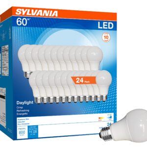 SYLVANIA LED A19 Light Bulb, 60W Equivalent, Efficient 9W, CEC Compliant, 10 Year, Non-Dimmable, 5000K, 800 Lumens, 90 CRI, Daylight - 24 Pack (41373)