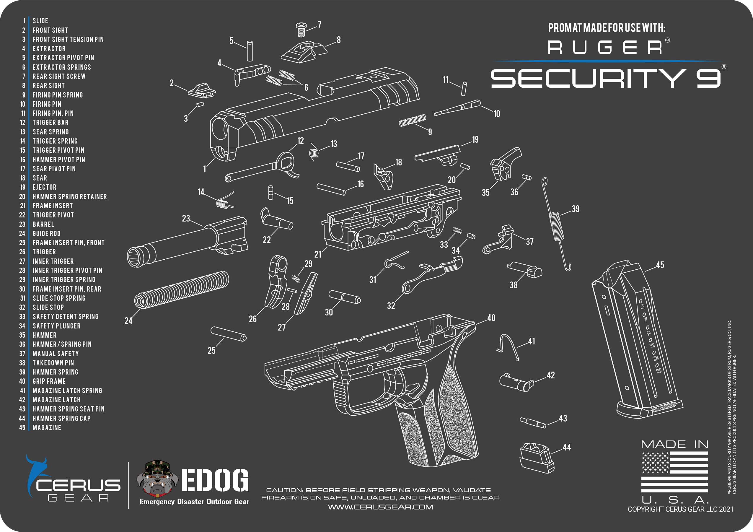 EDOG USA SEC9 Gun Cleaning Mat - Schematic (Exploded View) Diagram Compatible For Ruger Security 9 Series Pistol 3 mm Padded Pad Protect Your Firearm Magazines Bench Surfaces Gun Oil Solvent Resistant