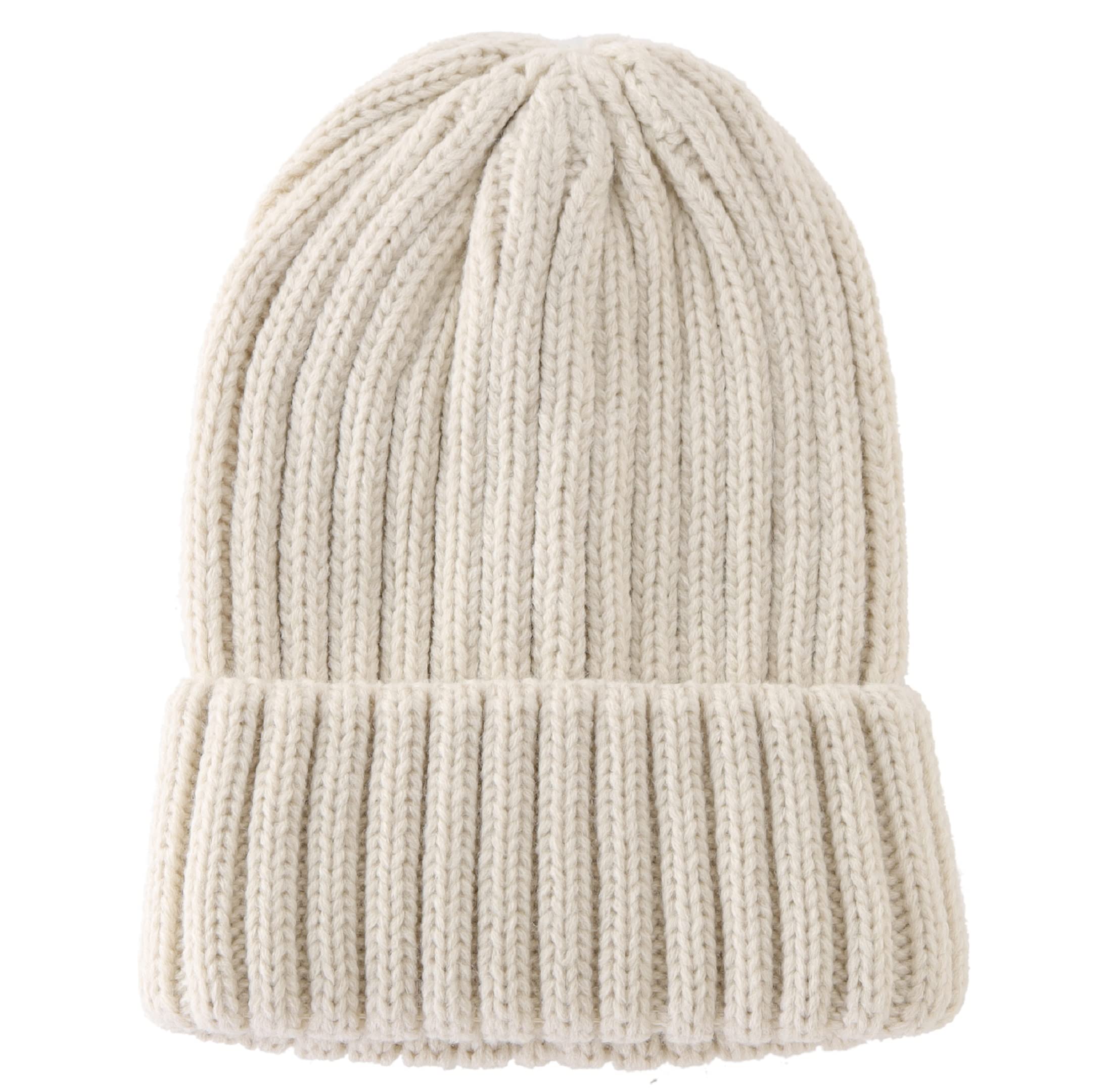 Connectyle Daily Ribbed Knit Winter Hat Slouch Fold Beanie for Women Stylish Plain Watch Cap Beige