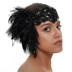 latimoon 1920s flapper headband vintage black feather headpiece with sequin beads roaring 20s great gatsby hair accessory for women