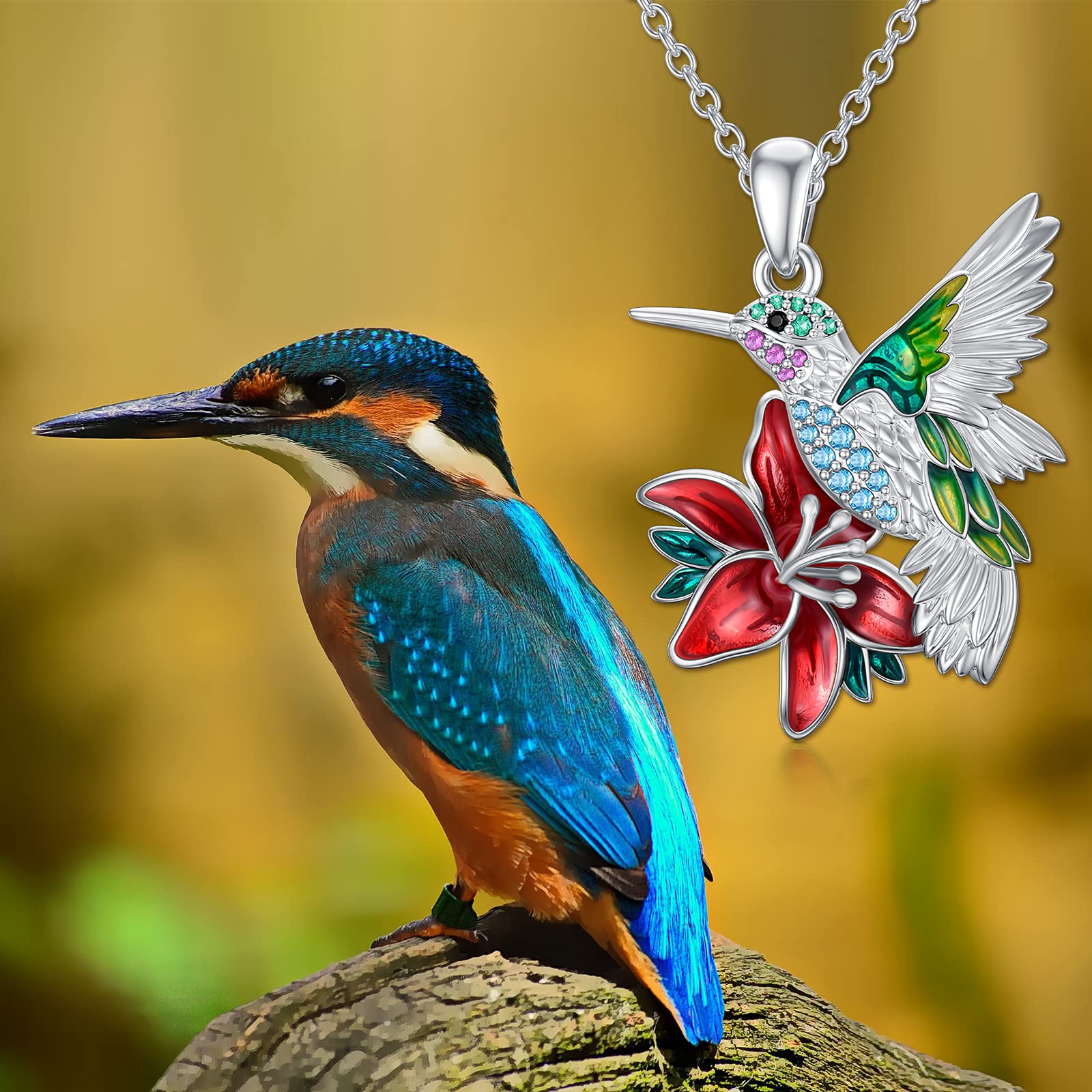 PEIMKO Hummingbird Necklace Enamel Hummingbird Pendant Necklace Sterling Silver Cute Aniamal Bird Necklace with Flower Bird Pendant for Women