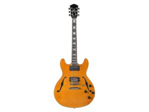 monoprice 6 string semi-hollow-body electric guitar, right, orange (610924)