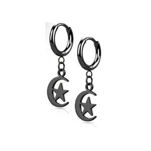 pierced owl 18ga hinged hoops with crescent moon and star dangle 316l surgical stainless steel hoop earrings, sold as a pair (black)