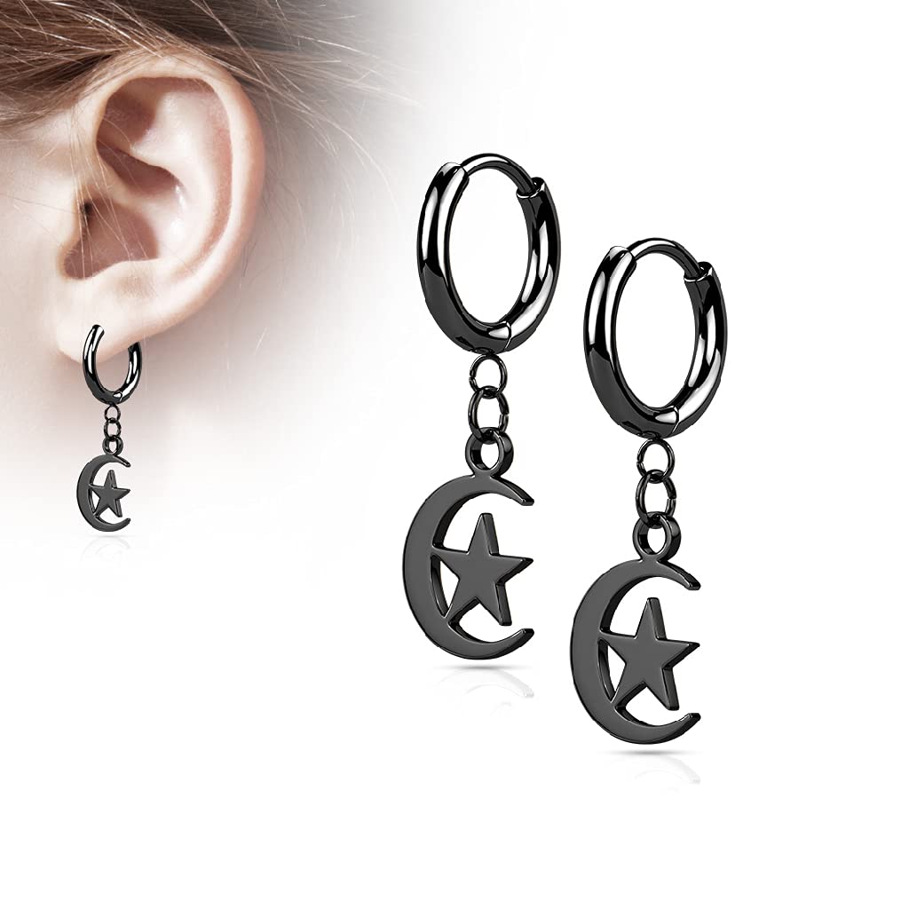 Pierced Owl 18GA Hinged Hoops with Crescent Moon and Star Dangle 316L Surgical Stainless Steel Hoop Earrings, Sold as a Pair (Black)