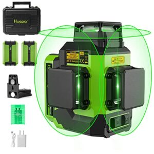 huepar laser level 360 self leveling with 2 batteries, professional high brightness 3 x 360° cross line green laser level, 3d laser level for construction or renovation