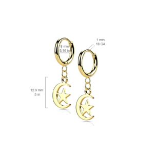 Pierced Owl 18GA Hinged Hoops with Crescent Moon and Star Dangle 316L Surgical Stainless Steel Hoop Earrings, Sold as a Pair (Black)