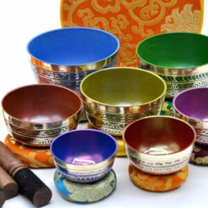 Tibetan Singing Bowls Set of 7 High Sided Colored with Carry Box | Bells for Meditation and Yoga | Sound Therapy Instruments for Relaxation | Singing Bowls Chakra Healing for Spiritual and Mental Calm