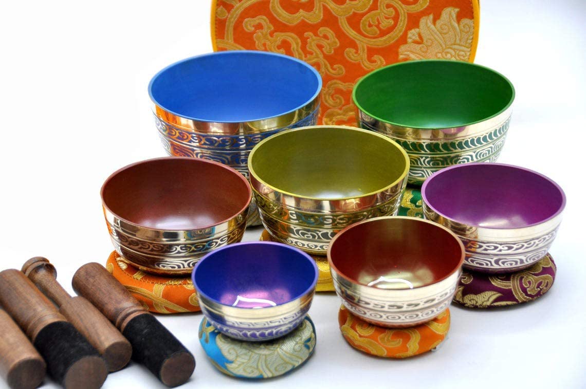 Tibetan Singing Bowls Set of 7 High Sided Colored with Carry Box | Bells for Meditation and Yoga | Sound Therapy Instruments for Relaxation | Singing Bowls Chakra Healing for Spiritual and Mental Calm