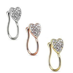 3pcs healing crystal natural stone bead non piercing nose cuff stainless steel love heart rhinestone seed african fake clip on nose ring set for women men adjustable jewelry gift-d heart