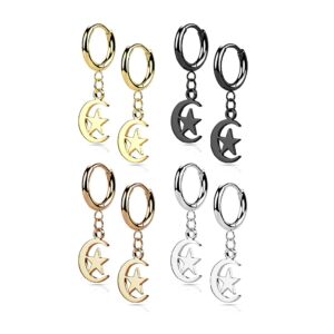 Pierced Owl 18GA Hinged Hoops with Crescent Moon and Star Dangle 316L Surgical Stainless Steel Hoop Earrings, Sold as a Pair (Black)