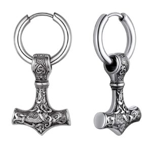 viking earrings for women, stainless steel norse mythology thor hammer ear drops for male punk jewelry