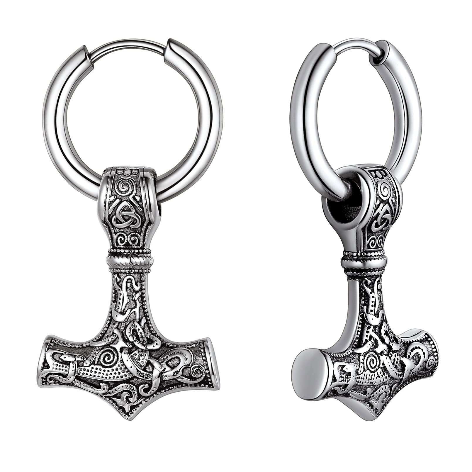 Viking Earrings for Women, Stainless Steel Norse Mythology Thor Hammer Ear Drops for Male Punk Jewelry