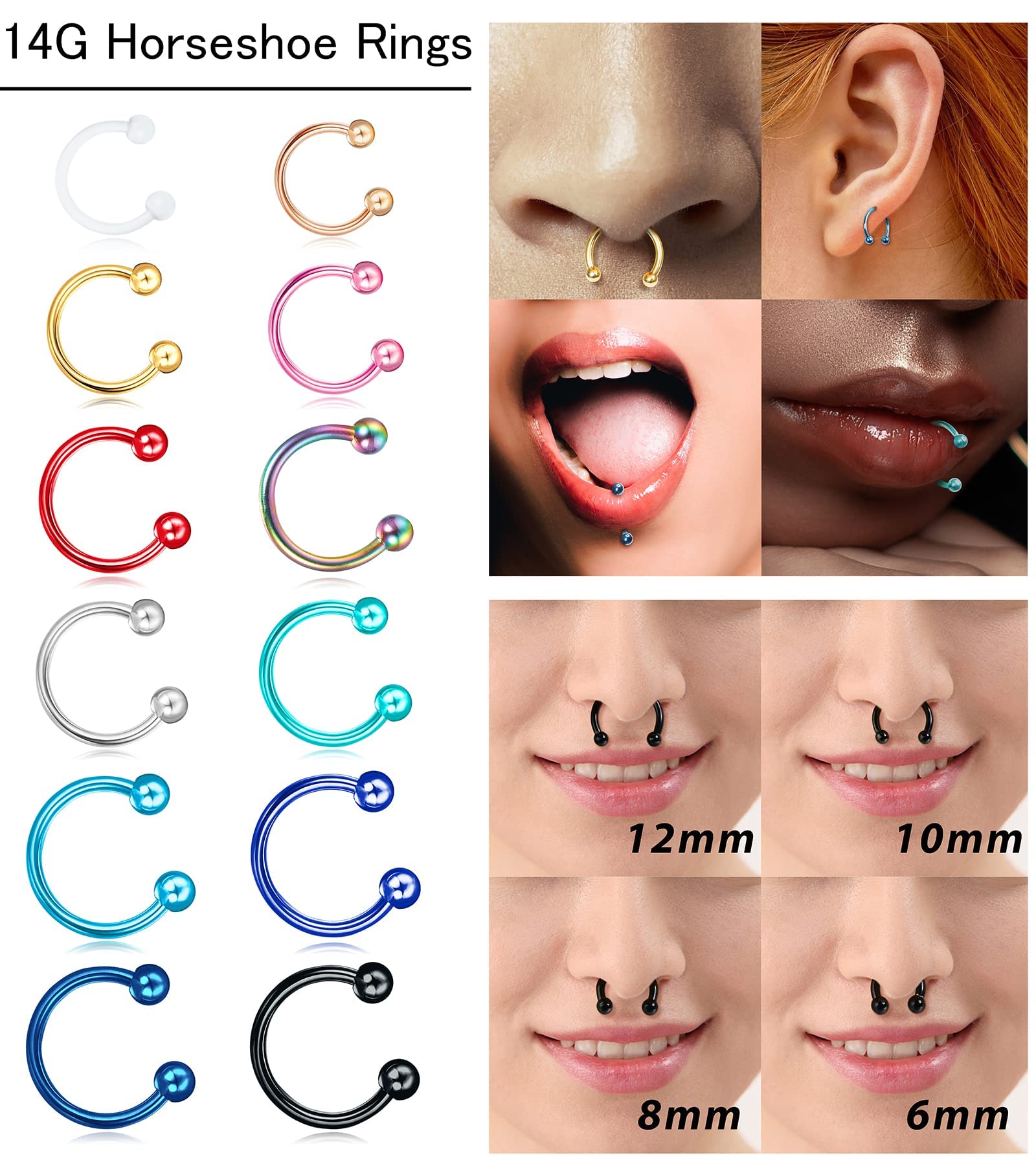 Sanfenly 48Pcs 14G Stainless Steel Horseshoe Nose Septum Rings Piercing Jewelry Cartilage Helix Tragus Earring Hoop Eyebrow Lip Hoop Piercing Ring for Women Men 6mm 8mm 10mm 12mm