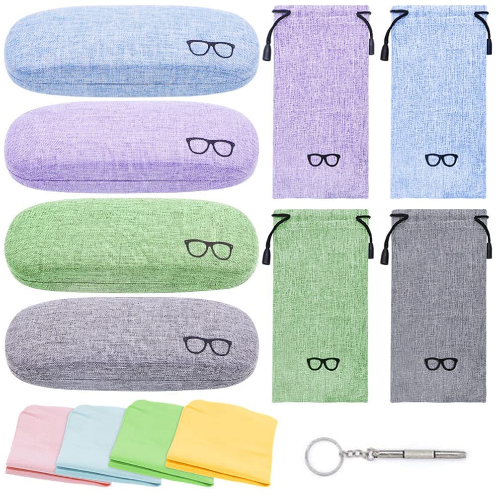 LZYMSZ 4 Pack Glasses Case, Hard Shell Eyeglasses Case with Storage Bag and Soft Glasses Cloth, Unisex Portable Sunglasses Case with Glasses Clip and Glasses Screwdriver (4 Colors)