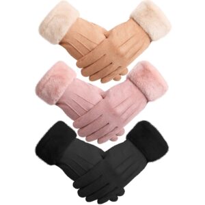 satinior 3 pairs winter warm touchscreen gloves women's fleece lining texting gloves fuzzy soft winter gloves for skiing(black, khaki, pink)