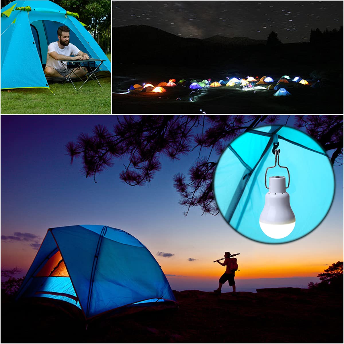 FLRONGSUN Solar Light Bulb Portable 350LM Solar Powered Camping Light Led Lantern Outdoor for Lamp Light Hiking Fishing Tent Indoor Shed Chicken Coop Hurricane Emergency With USB Chargeable(Pack of 2)