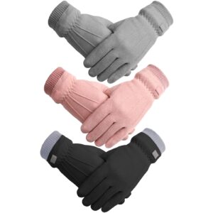 satinior 3 pairs women's winter warm touchscreen gloves windproof thermal texting gloves elastic cuff winter gloves for women girls winter running cycling (black, grey, pink)