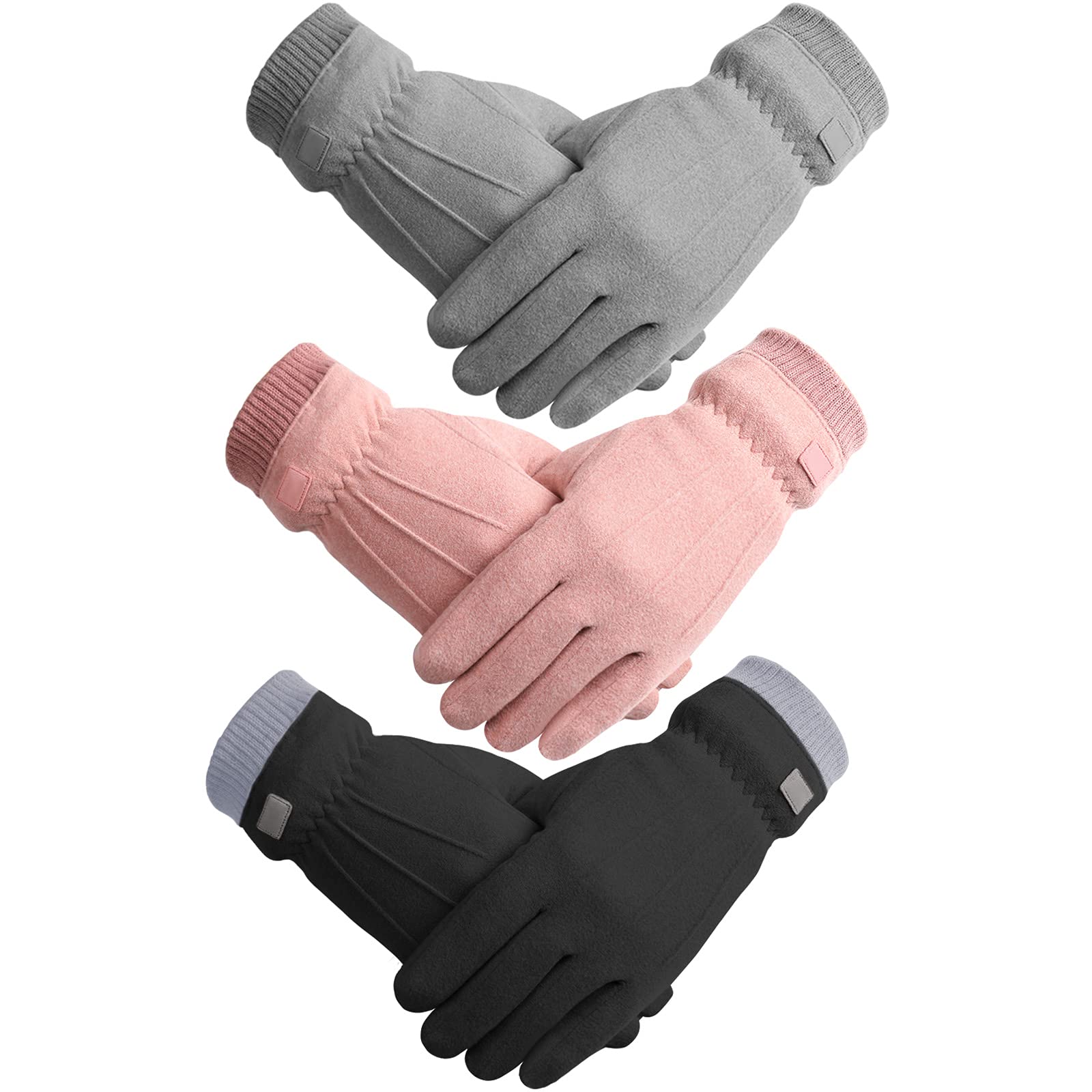 SATINIOR 3 Pairs Women's Winter Warm Touchscreen Gloves Windproof Thermal Texting Gloves Elastic Cuff Winter Gloves for Women Girls Winter Running Cycling (Black, Grey, Pink)