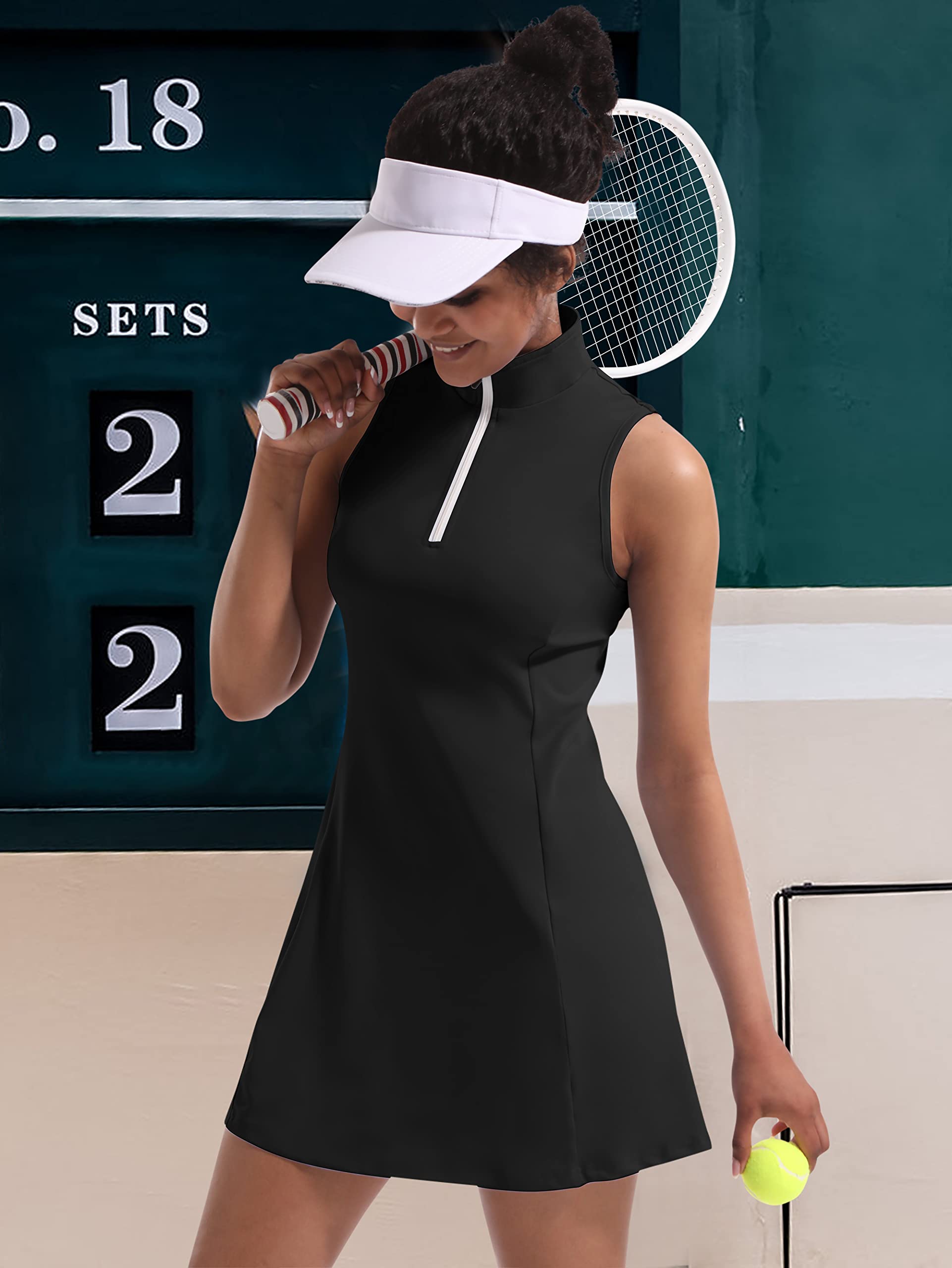 Tennis Dress for Women, Tennis Golf Dresses with Built in Shorts and Pockets for Sleeveless Workout Athletic Dresses Black