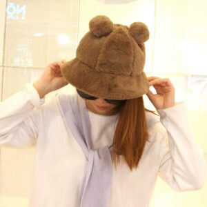 Haoohu Winter Bear Ear Bucket Hat Adults Faux Fur Bucket Hat Plush Cap Fisherman Beach Festival Sun Hat Dress up Party Hat