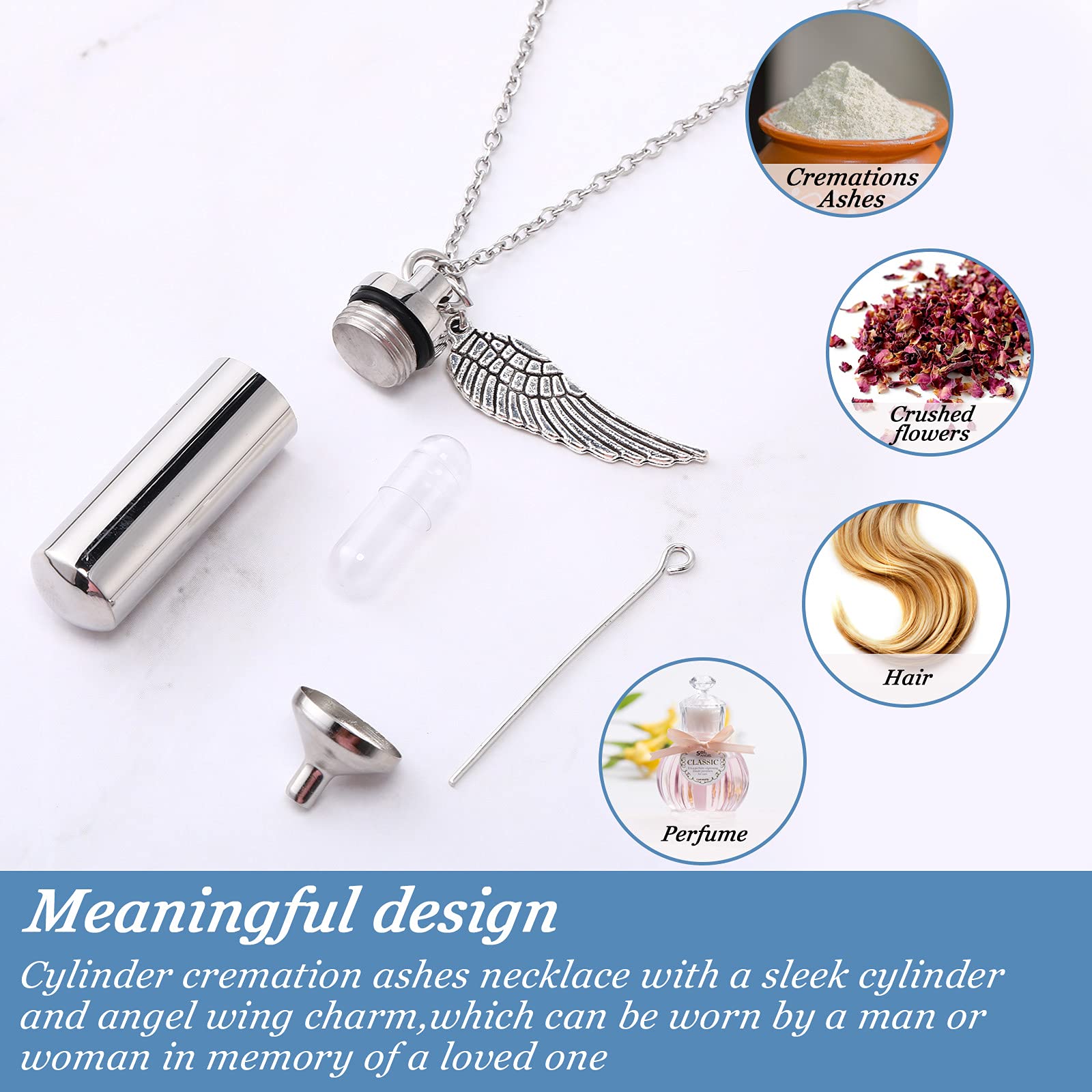 MTLEE Urn Necklace for Ashes Cremation Jewelry for Ashes, 6 Pieces Stainless Steel Cremation Jewelry for Women Men, Memorial Necklace Angel Keepsake Cylinder Pendant with Filling Kit (Black, Silver)