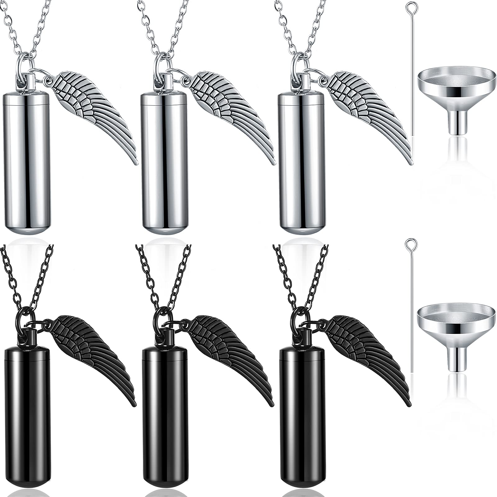 MTLEE Urn Necklace for Ashes Cremation Jewelry for Ashes, 6 Pieces Stainless Steel Cremation Jewelry for Women Men, Memorial Necklace Angel Keepsake Cylinder Pendant with Filling Kit (Black, Silver)